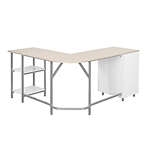 Techni Mobili L Shaped Desk - Two-Toned Computer Desk with Drawers & Storage Shelves - Simple Modern Furniture & Home Office Space Corner Table for Work & Writing