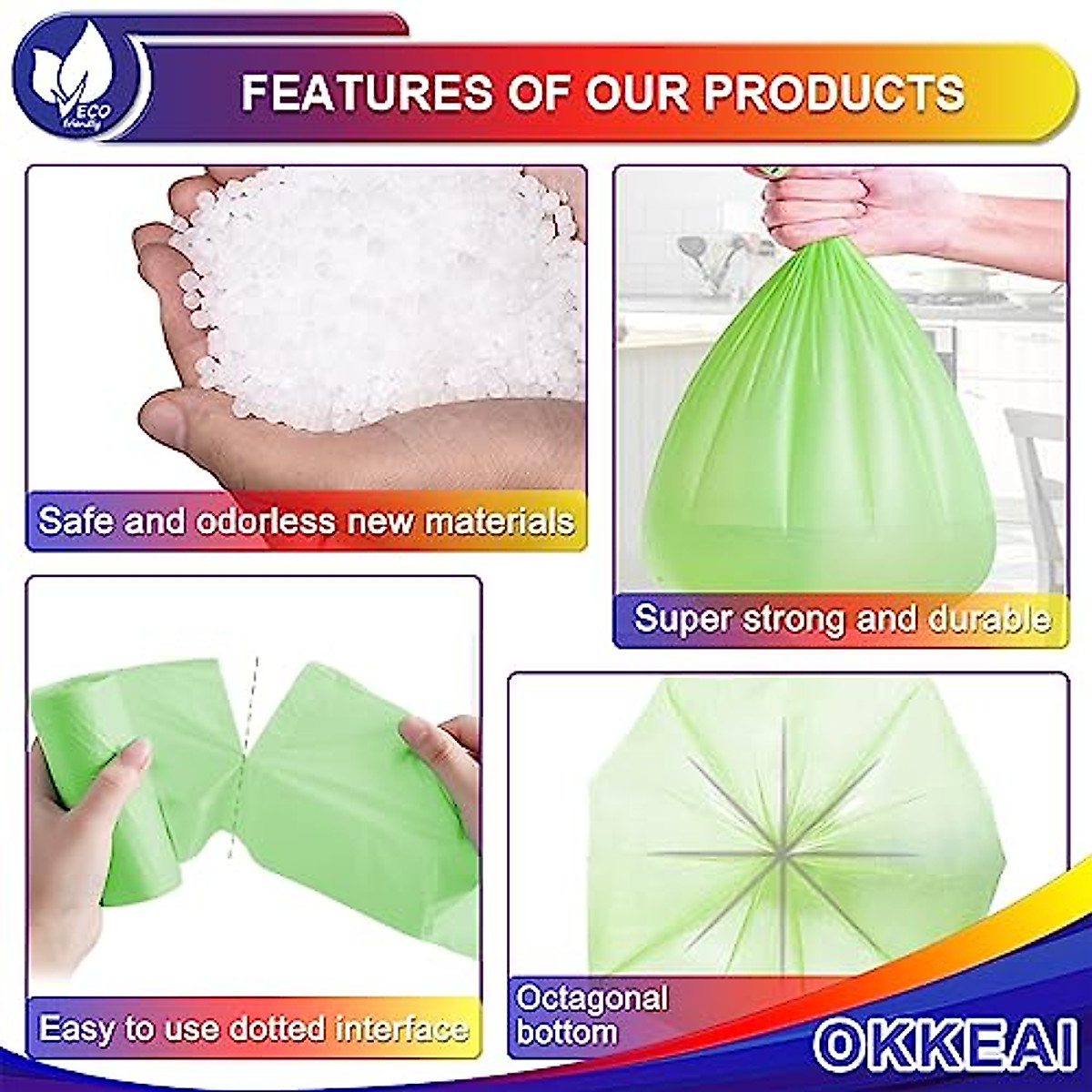 OKKEAI Large Garbage Bags 13 Gallon Tall Kitchen Green Trash Bags 49 Liter Bin Liners for Lawn Yard,Home,Office,60 Counts (Fits 10-15 Gallon Bins)