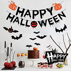 JOLLY SWEETS Happy Halloween Banner Set with Scary Bat Stickers 28Pcs, Pumpkin Sign Designed with Ghost, with Scary 3D Bat Wall Stickers, Halloween Decorations, Halloween Party Supplies