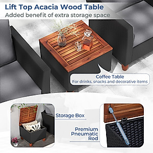 ORALNER 3 Pieces Patio Furniture Set, Outdoor Wicker Conversation Chairs with Cushion, Acacia Coffee Table, Rattan Bistro Set for Balcony Garden Backyard Front Porch Poolside (Grey)