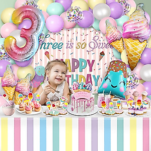 Ice Cream Birthday Party Decorations, Three is So Sweet Ice Cream Balloon Garland with Birthday Backdrop Cupcake Toppers Tablecloth for 3rd Birthday Decorations for Girls Ice Cream Party Decorations