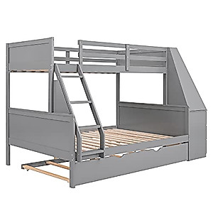Twin Over Full Bunk Bed with Desk and Trundle, Wooden Bunk Beds Twin over Full Size with Storage Drawers and Shelf ,Storage Bunk Beds with Ladder & Guardrails for Kids Girls Boys ,Grey