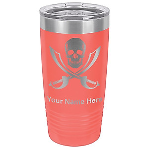 LaserGram 20oz Vacuum Insulated Tumbler Mug, Jolly Roger, Personalized Engraving Included (Coral)