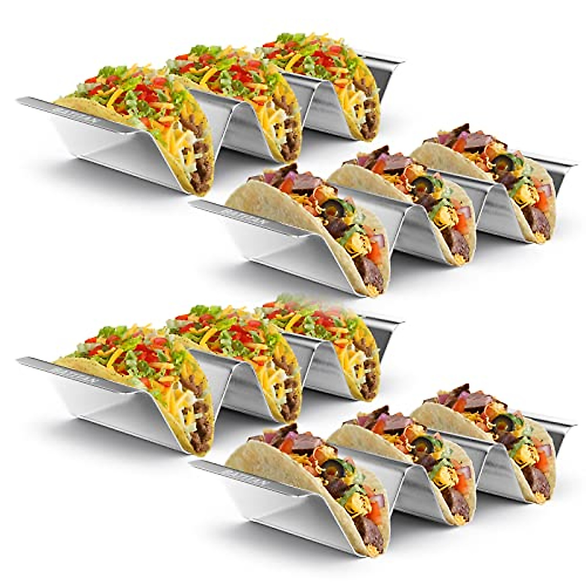 Taco Holder, Taco Stand, Taco Holders Set of 4, Stainless Steel Taco Rack with Handles, Each Metal Taco Tray Plates Holds Up to 2 or 3 Hard or Soft Taco Shells, Oven Grill and Dishwasher Safe