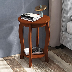 GOFLAME 2-Tier Round End Table Set of 2, Modern Sofa Side Table with Storage Shelf, Solid Wood Legs, Compact Accent Table, Nightstand for Living Room, Bedroom, Small Space, Walnut