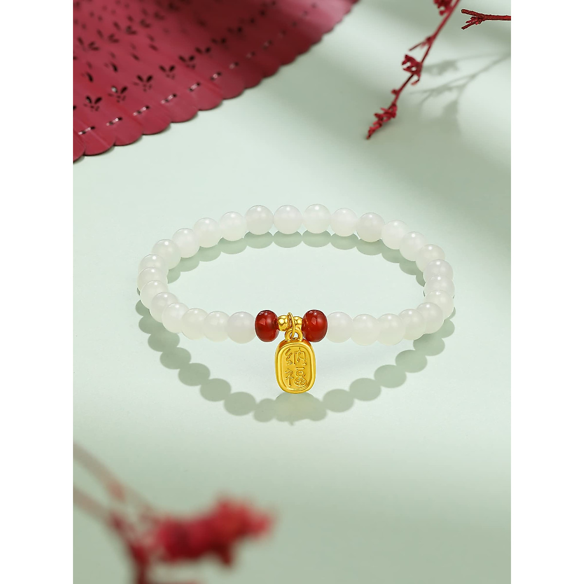 ZHOU LIU FU 24K Solid Gold Bracelets, Real Pure Gold Jewelry White Nephrite Jade Beaded Bracelets Dainty Gold Fortune Plate for Women Men Teen Girls