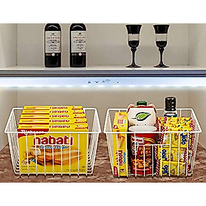 iPEGTOP Refrigerator Chest Freezer Baskets, Large Household Wire Storage Basket Bins Organizer with Handles for Kitchen, Pantry, Freezer, Cabinet, Closets, Pearl White, Set of 4