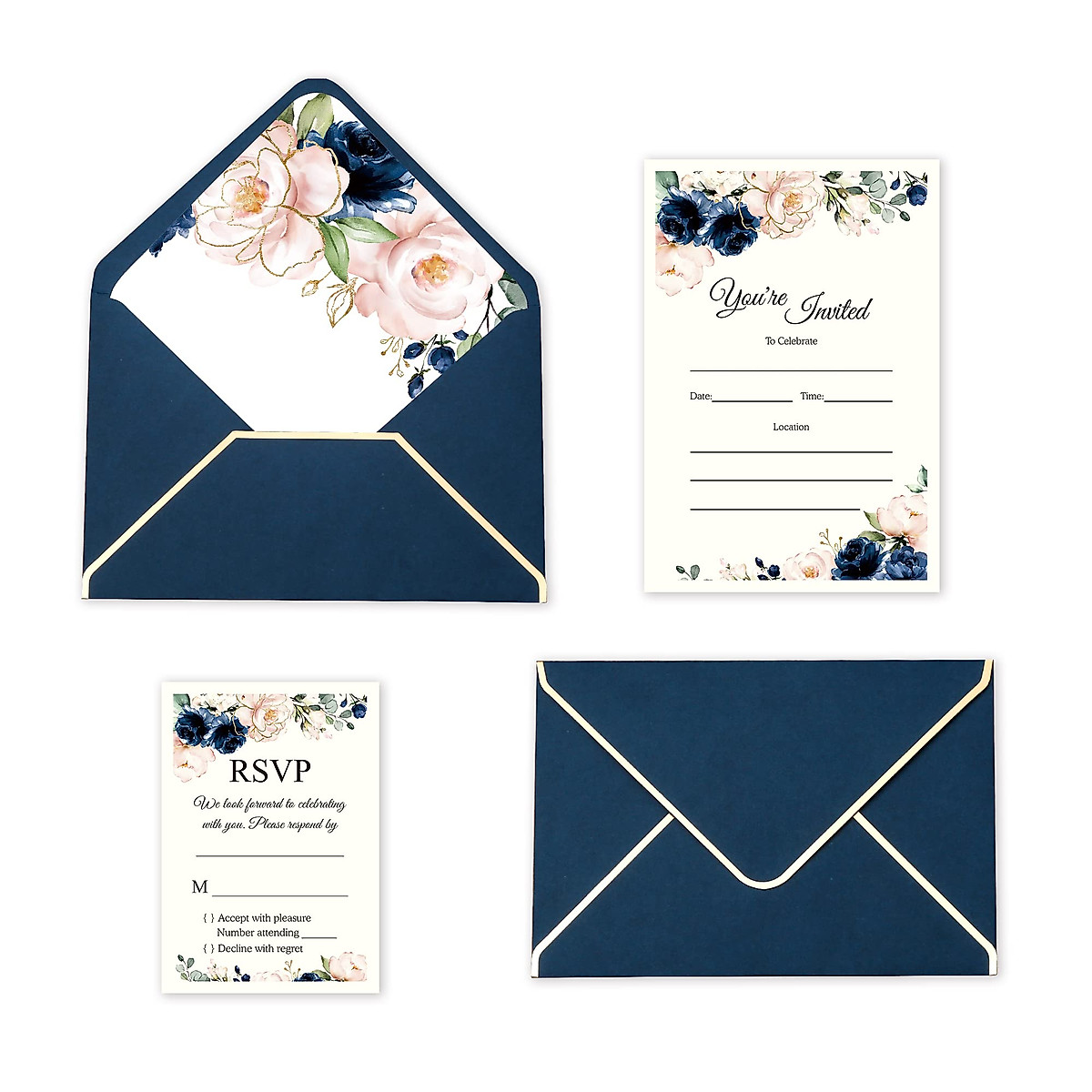 DORIS HOME 25pcs Blue Fill-in Wedding Invitations with Envelopes and RSVP Cards with Pink Rose and Envelope with Gold Border for Engagement/Quinceanera/Bridal Shower/Anniversary