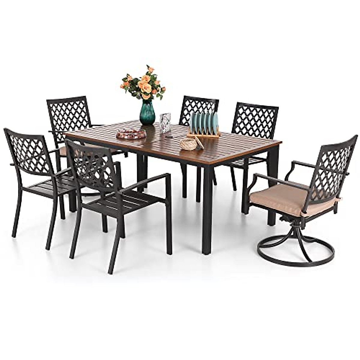 Sophia & William Outdoor Dining Set 7 Pieces Patio Furniture Set Patio Dining Set for 6, 4 x Patio Dining Chairs, 2 x Swivel Dining Chairs with Large Metal Dining Table for Patio Lawn Garden Backyard