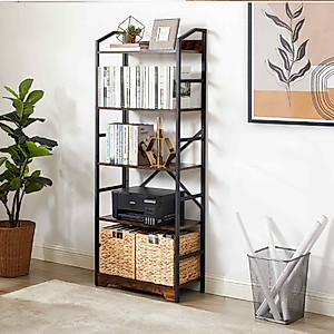 Vagusicc 5 Tier Bookshelf with 2 Storage Baskets, Tall Bookcase Shelf Storage Organizer Wood Book Shelf, Modern Shelf Rack Shelves with Steel Frame, Multipurpose Bookshelf for Bedroom Living Room