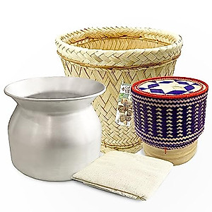 PANWA Combo Sticky Rice Cooking Set Aluminum Cook Pot Diameter 8 1/2" (22 cm) Thai Bamboo“Village Vintage” Steamer Basket 9 Inch Diameter with 24’’ Cheesecloth, and Kratip Container Lilac Toned