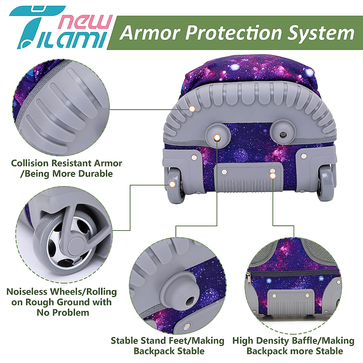 NEW TILAMI 18 Inch Rolling Backpack with Zipper Mesh Pouch Boys Girls Wheeled Laptop Backpack for School Travel Trip Backpack, Purple Galaxy