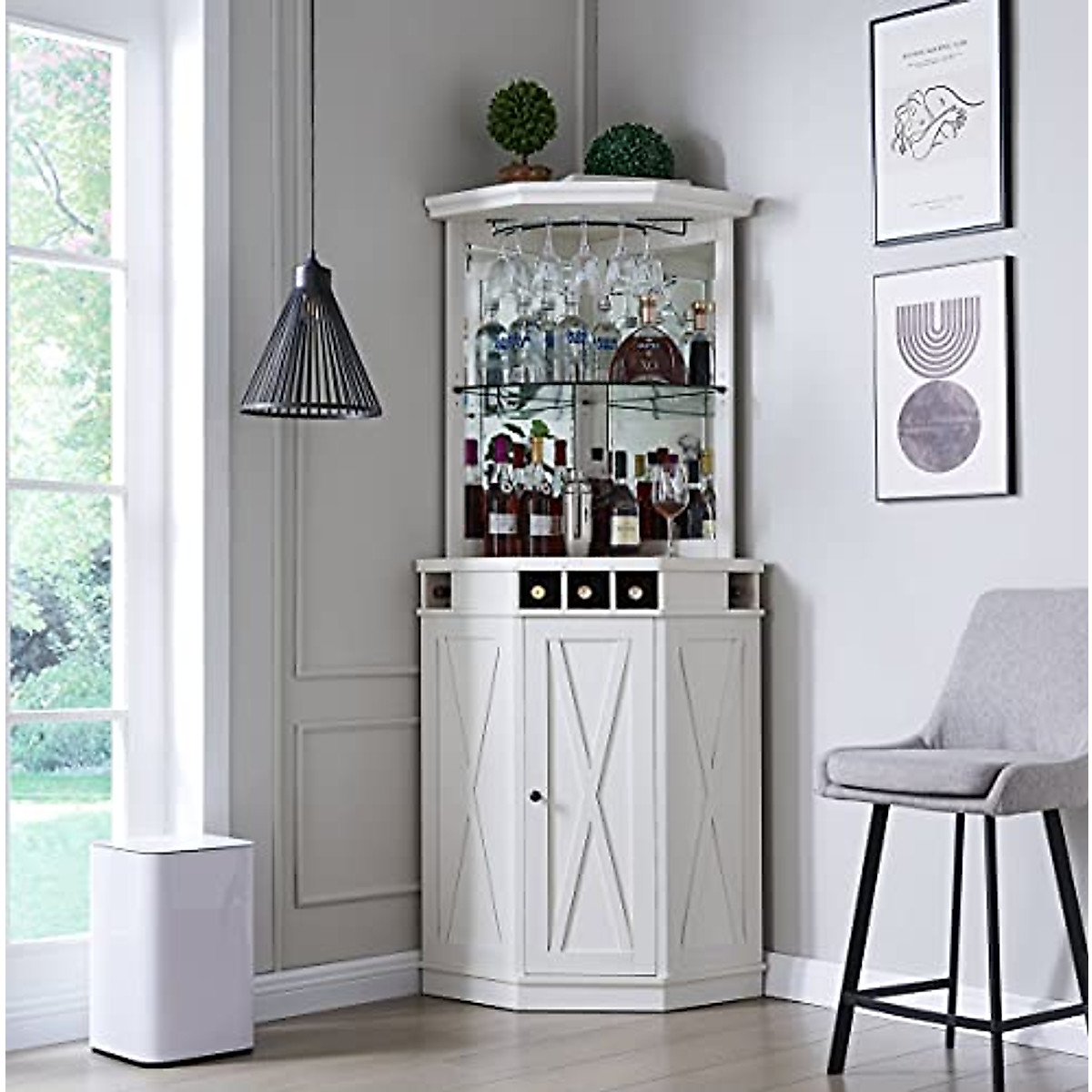 Home Source White Corner Bar cart 73" Tall Unit with Built-in Wine Rack and Lower Storage Cabinet, Living Room, Home Office, Kitchen, Small Space.