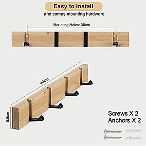 Uwchuan Coat Hooks Wall Mounted, Wooden Bamboo Wall Hooks with 4 Standard Retractable Hooks, Space-Saving Hat Key Hook Rack for Entryway, Hallway, Bathroom, Living Room, Bedroom (Wooden)