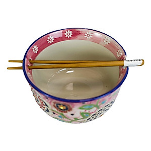 Ebros Mandala Floral Blooms With Pink Polkadot Art Splash Ramen Udon Noodles Large 6.25" Diameter Soup Bowl With Built In Rest and Bamboo Chopsticks Set for Rice Pasta Salad