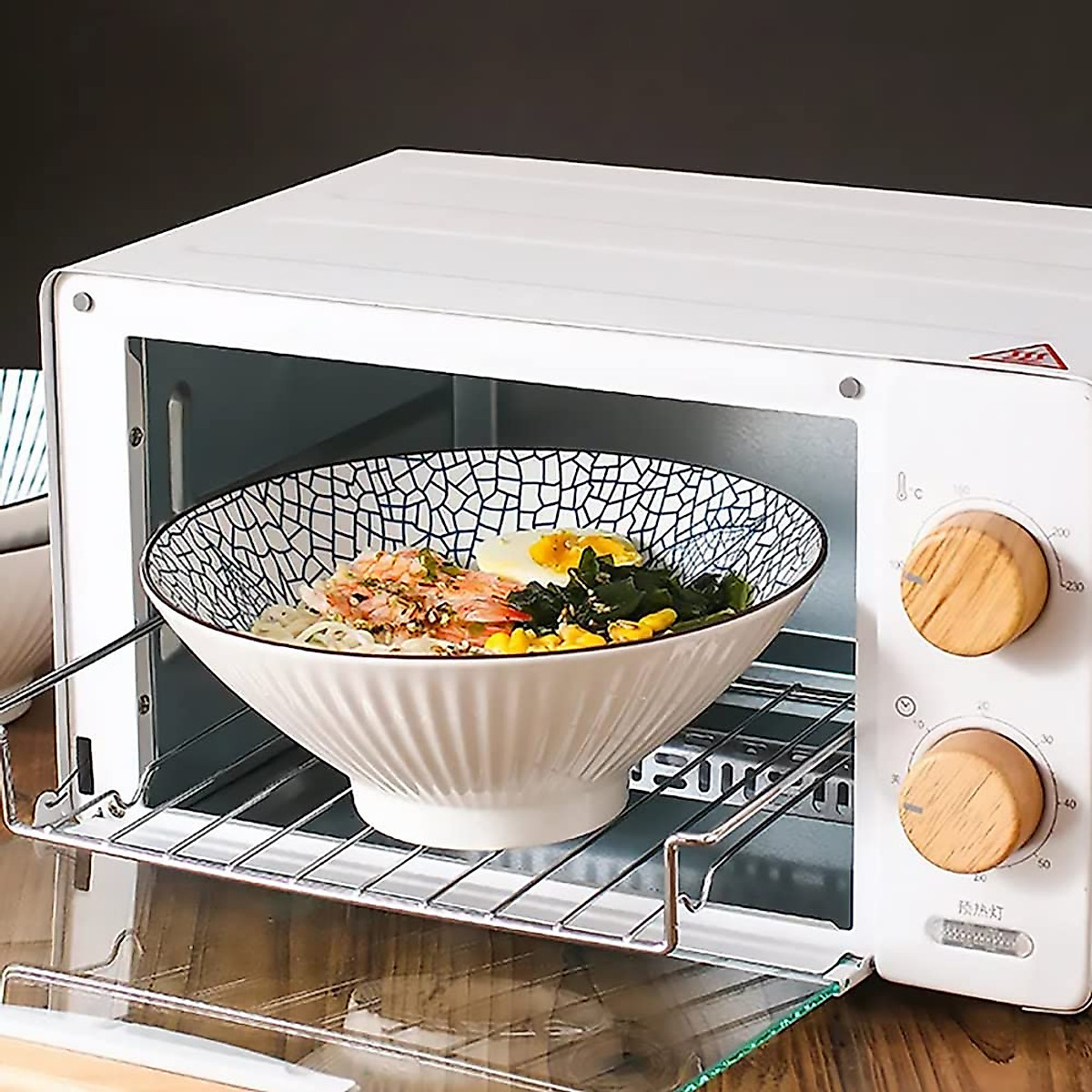 QINLANG 38 oz Japanese Ramen Bowls, Cereal Bowls, Soup Bowls, Pho Bowls, Noodle Bowls, 8 in Blue and White Ceramic Bowls Set of 4, Leaf Pattern