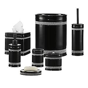 Motifeur Bathroom Accessories Set, 4-Piece Ceramic Bath Accessory Complete Set with Lotion Dispenser/Soap Pump, Tumbler, Soap Dish and Toothbrush Holder (Rhinestones, Black)
