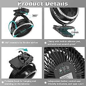Battery Operated Fan, 10000mAh Camping Fan Battery Powered, 8'' Rechargeable Portable Desk Fan for Bedroom Office, Cordless Clip on Fan with Hook, Light for Golf Cart Outdoor Camping Tent RV Car Bed