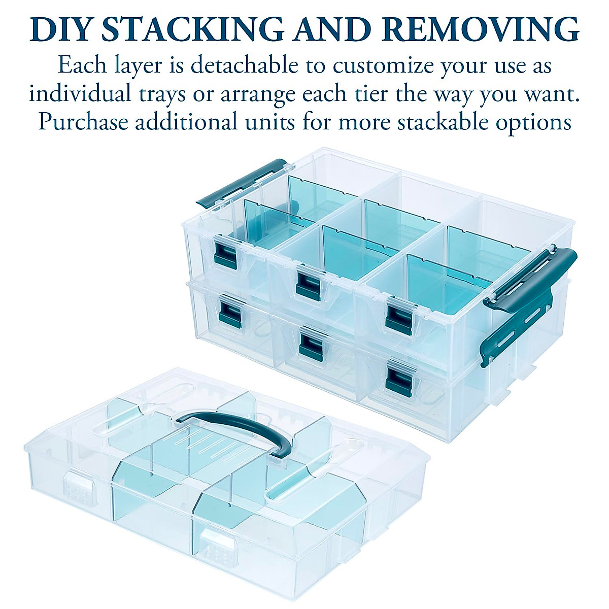 MyGift 11 Inch Clear Arts and Crafts Stackable Container, Sewing Supplies Storage Organizer Case with Blue Accents, 24 Customizable Compartments, and 6 Drawers with Removable Dividers