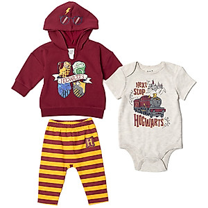 Harry Potter Infant Baby Boys Fleece Pullover Hoodie Bodysuit and Pants 3 Piece Outfit Set Maroon 12 Months