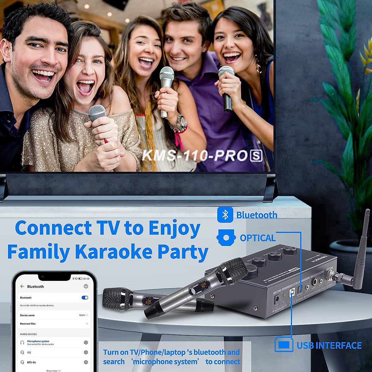 KOMISON Wireless Microphone System Karaoke Mixer, Microphones, Audio Interface, Optical (Toslink), USB，Smart TV, PC, for Karaoke, Wedding, Singing, 280FT