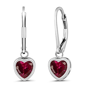 Gem Stone King 925 Sterling Silver Red Created Ruby Leverback Earrings For Women | 1.92 Cttw | Gemstone July Birthstone | 6MM Heart Shape