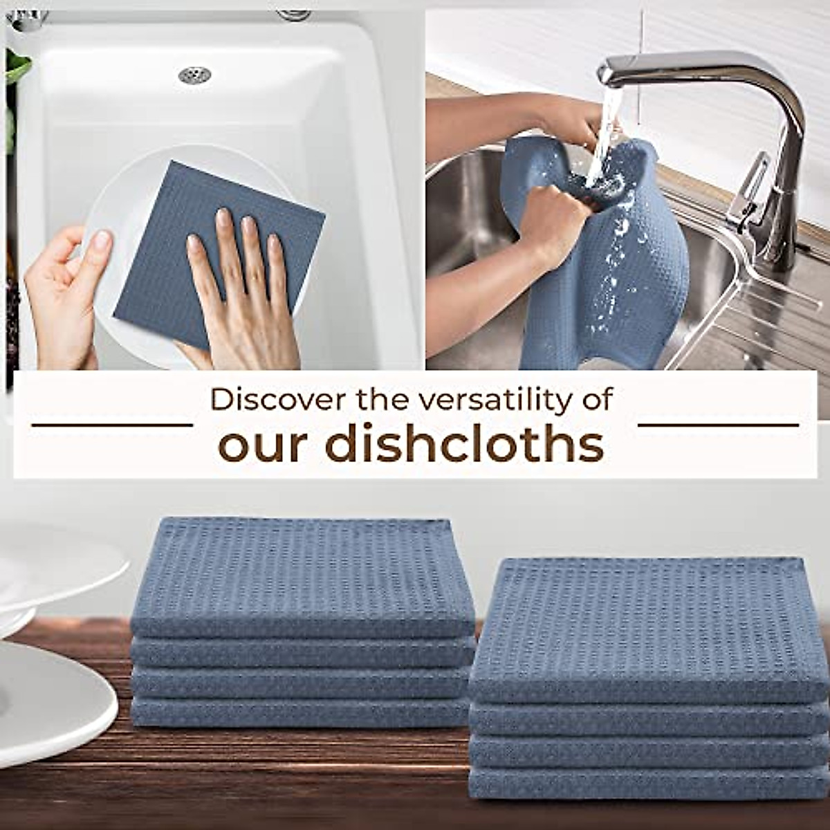 Urban Villa Cotton Dish Cloth Set of 8, Waffle Kitchen Cloth Highly Absorbent Super Soft 12x12 Inch Dish Cloths for Kitchen Cleaning & Drying Dishes Mitered Corner Dish Towels - Blue Solid