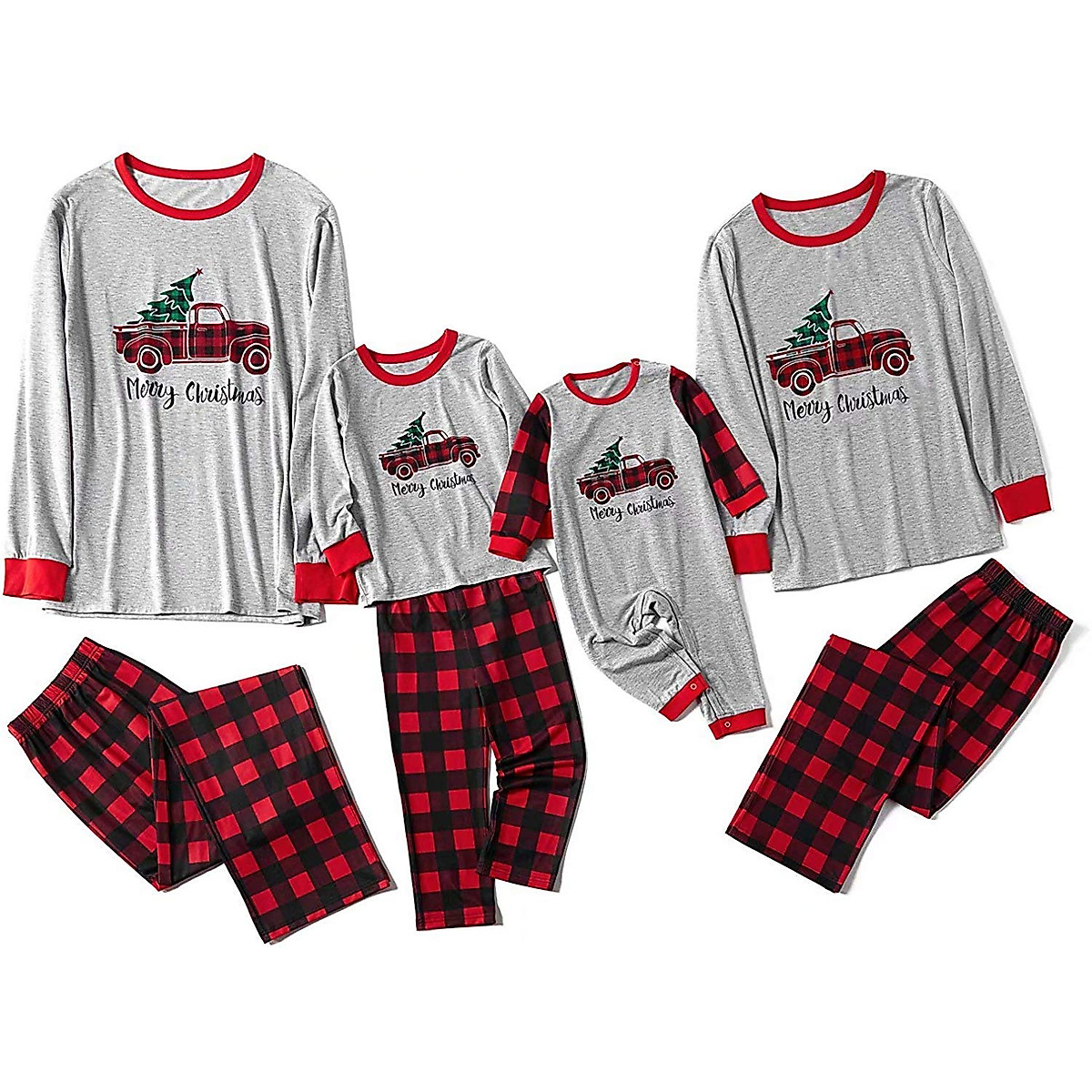 IFFEI Matching Family Pajamas Sets Christmas PJ's Sleepwear Truck Print Top and Plaid Pants with Pocket Women: L