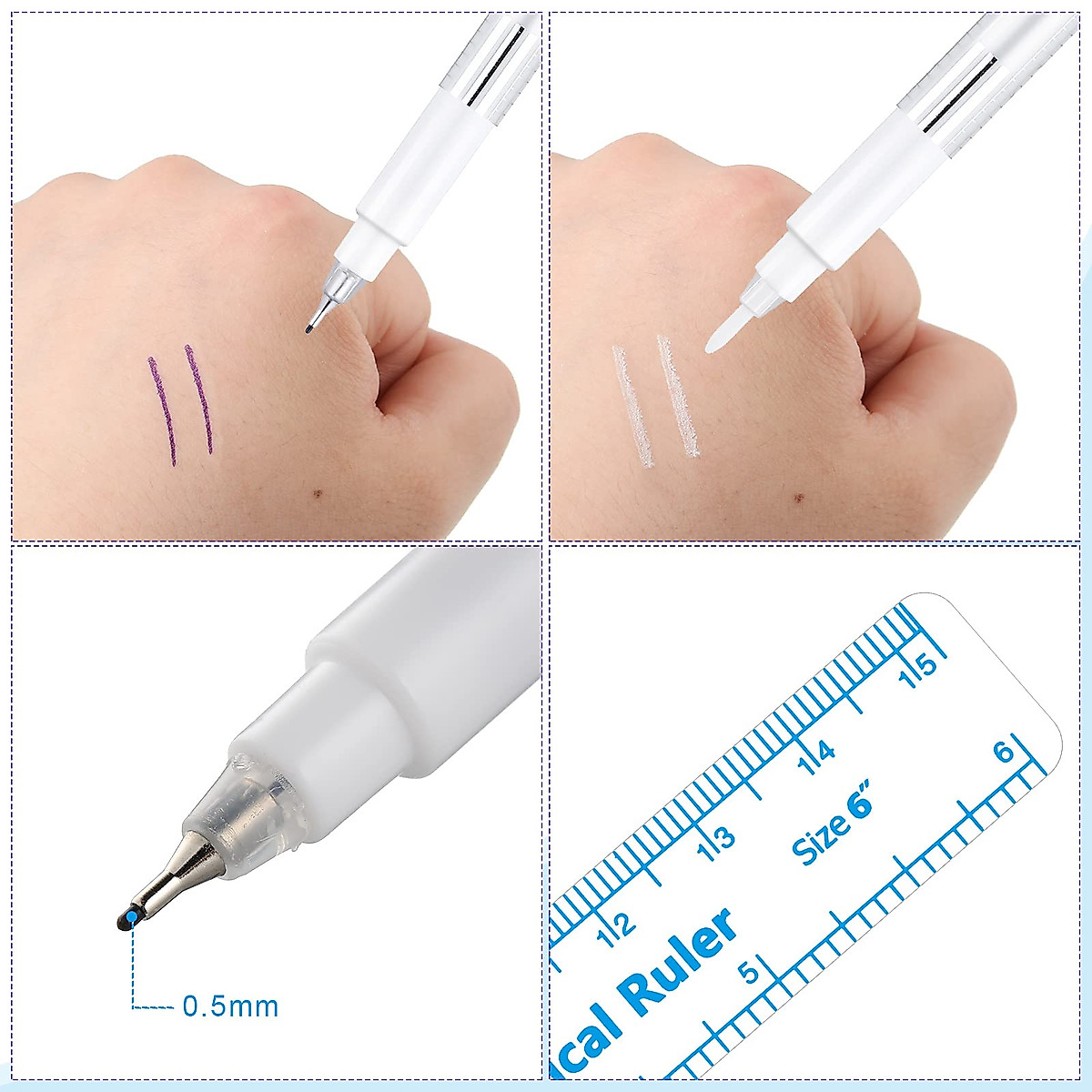 4 Pieces Skin Marker Pen Eyebrow Marker Pen Tools Microblading Accessories Marker Pen for Makeup (White, Purple,Single Head)
