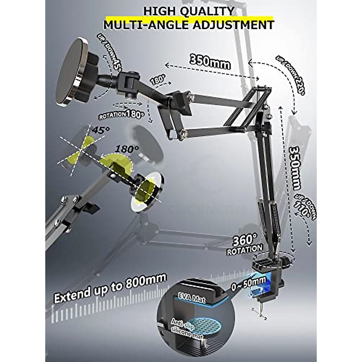 CACENCAN Phone Holder for Bed, Magnetic Phone Stand for Desk, 360° Rotation, MagSafe Cell Phone Stand, Clip Mountable Tablet Stand for Bed, Mic Boom Arm, Compatible with All Phone, Tablets-Space Black