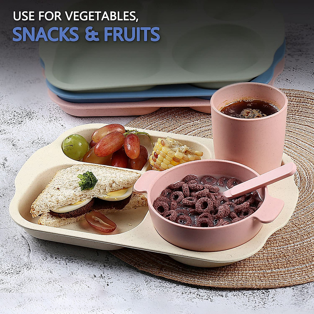 shopwithgreen Divided Plates for Kids Adults, 12 Inch (4PCS) Unbreakable Wheat Straw Section Plates, Large Lightweight Reusable Compartment Lunch Trays, BPA Free Dishwasher & Microwave Safe