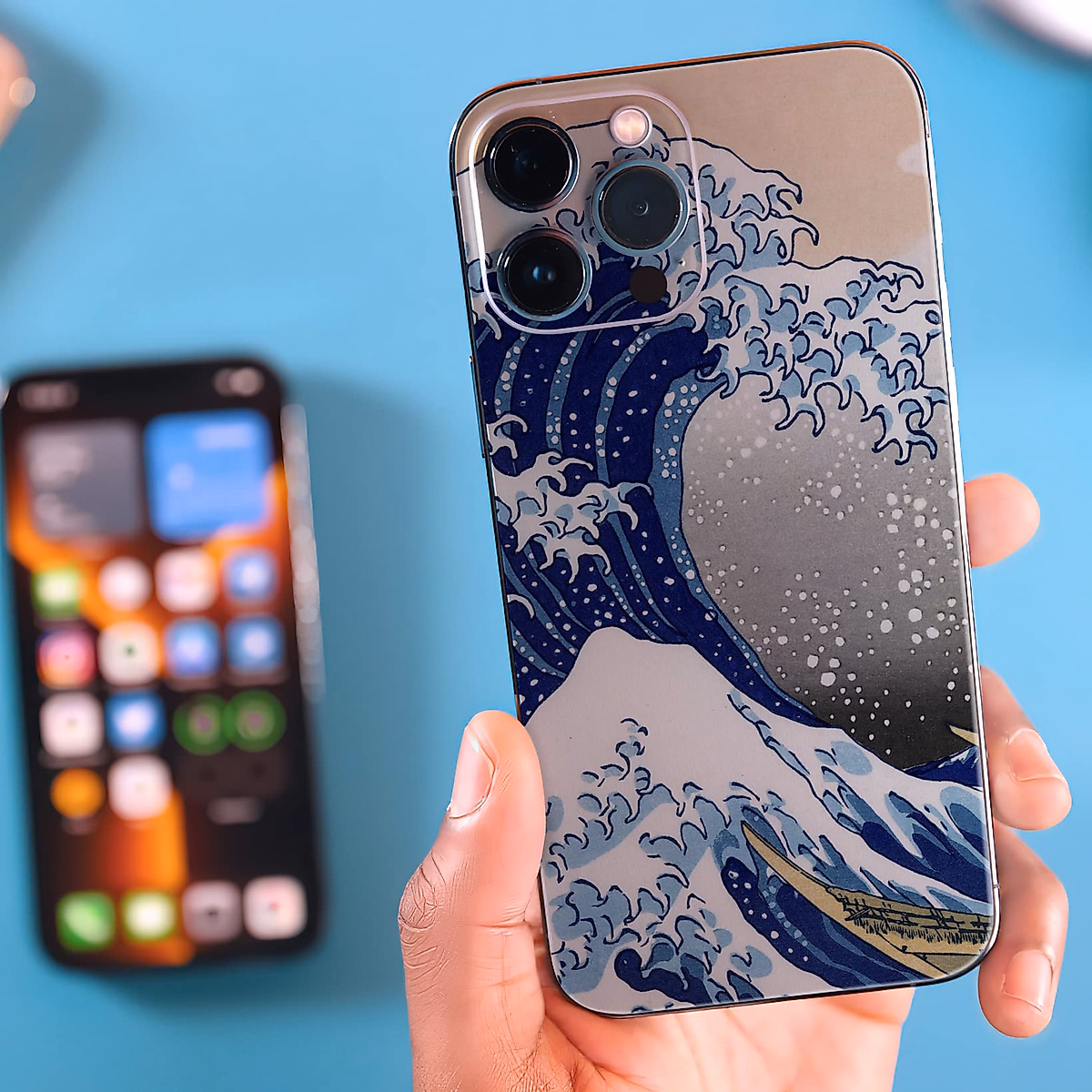 HK Studio Great Wave Skin Decal (Not Case) for iPhone 14 Pro Max - No Bubble, Slim, Waterproof - Protecting & Personalizing iPhone's Back, Camera, Frame Blue