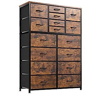EnHomee 16 Drawer Dresser, Tall Dresser for Bedroom with Wooden Top and Sturdy Metal Frame, Large Dressers & Chest of Drawers for Bedroom Closet Living Room Entry,57.1"Hx 37.4"W x 11.8"D, Rustic Brown