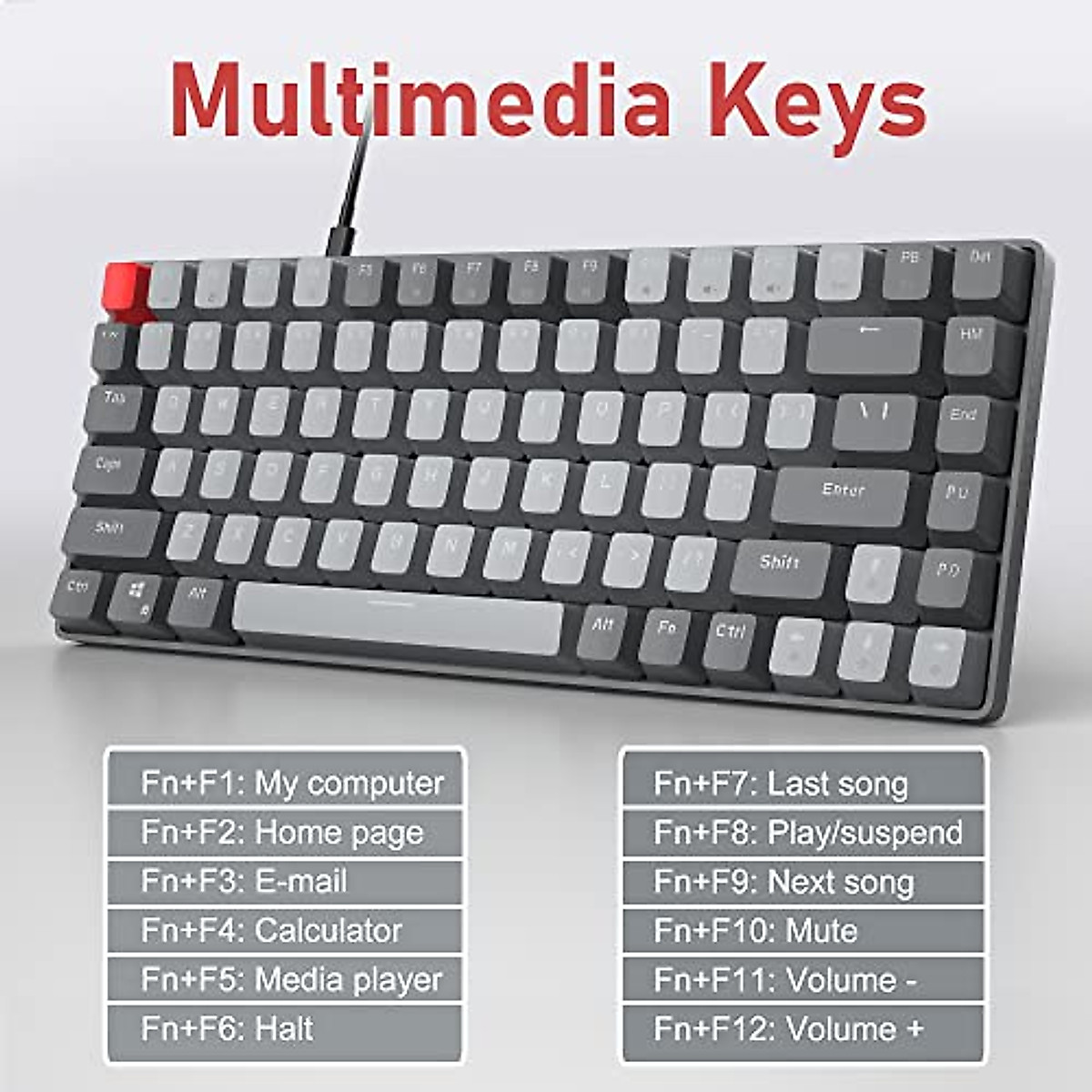 84 Keys Mechanical Gaming Keyboard, Compact Gray Gaming Keyboard with Linear Red Switches, Wired Detachable Type-C Cable Mini Keyboard with Blue Light for Windows/Mac/PC/Laptop
