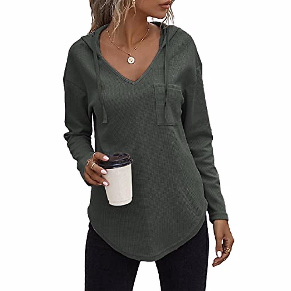 morhuduck Women's V Neck Hoodies Long Sleeve Sweatshirt Drawstring Pullover Tops with Pocket,Army Green, S