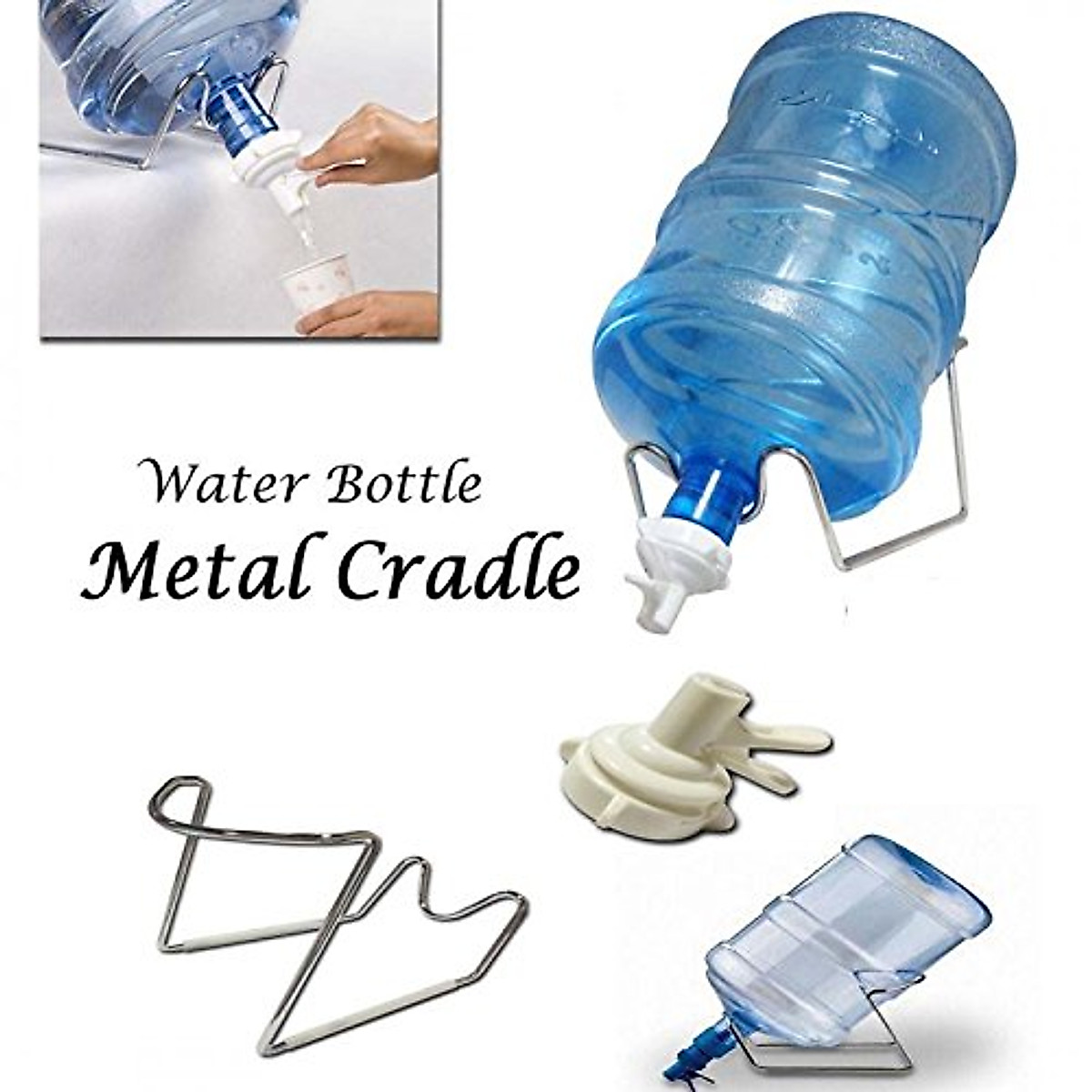 AquaNation Chrome Silver Metal Plated 3 - 5 Gallon Water Bottle Jug Canteen Stand and Dispenser Valve for 48mm 55mm Non Threaded Snap On Crown Top Large Reusable Water Jugs Bottles (55mm)