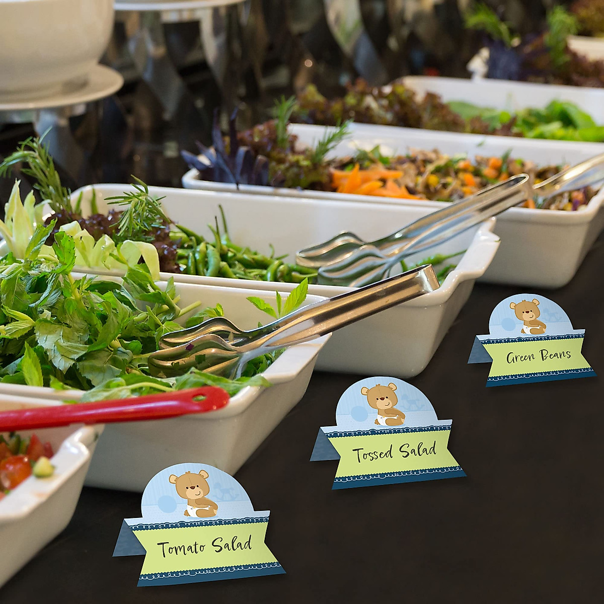 Big Dot of Happiness Baby Boy Teddy Bear - Baby Shower Tent Buffet Card - Table Setting Name Place Cards - Set of 24