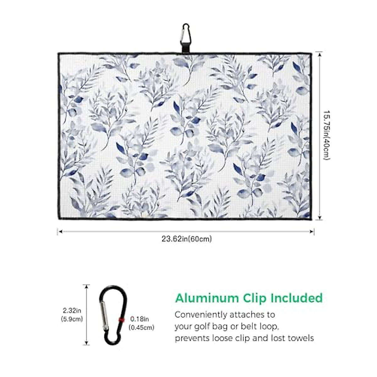 Golf Towel Pastoral Blue Leaves Seamless White,Waffle Pattern Microfiber Club Cleaner Golf Towels with Carabiner Clip for Women Men Dad,Aesthetic Botanical Art Golf Towel for Golf Bags,24x16in