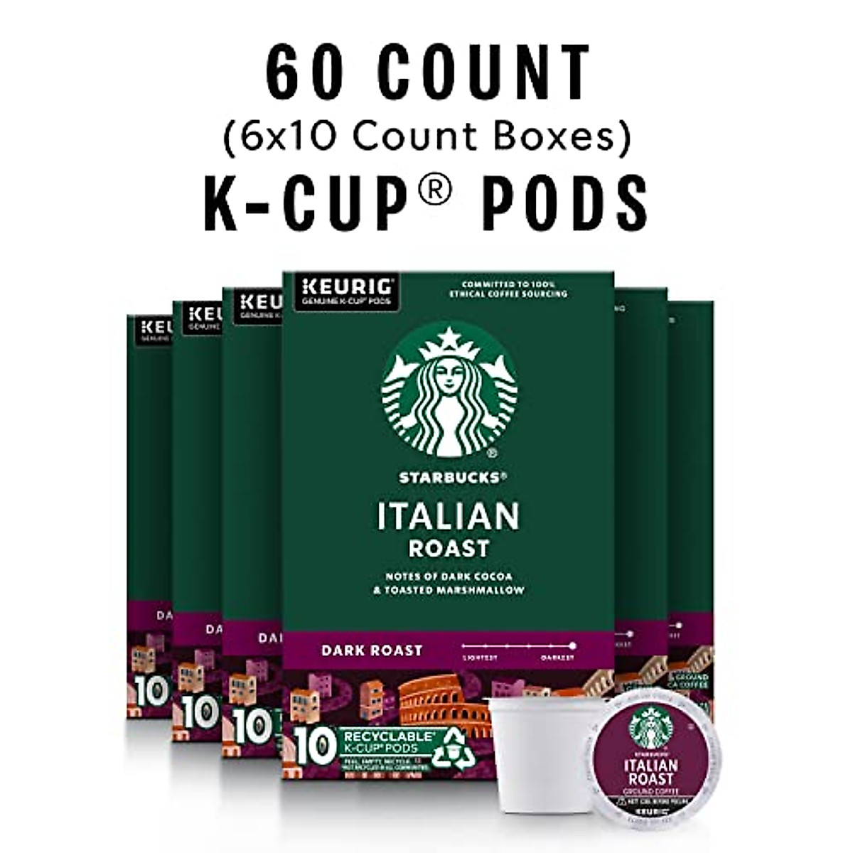 Starbucks K-Cup Coffee Pods—Dark Roast Coffee—Italian Roast for Keurig Brewers—100% Arabica—6 boxes (60 pods total)