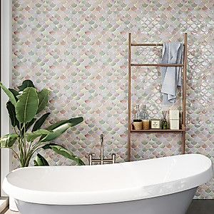 CRE8TIVE 4 Sheets Fish Scale Peel and Stick Tile Stickers 12"x12" Stick on Backsplash for Kitchen Pink Shell Wall Tiles Self Adhesive Back Splash Tiles for Kitchen Bathroom Spa Pool Shower Walls