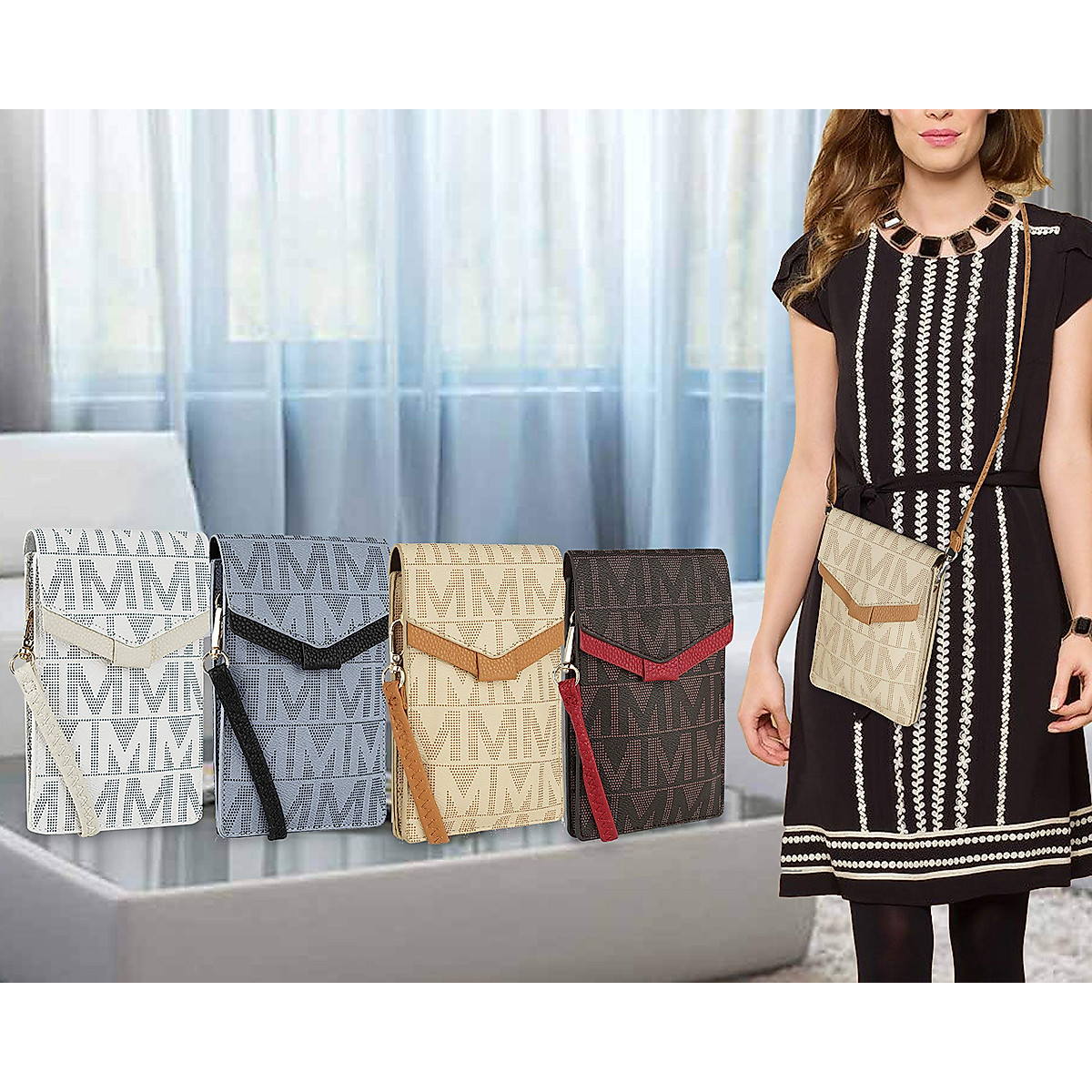 MKF Small Crossbody Cell Phone Purse Wallet for Women – PU Leather Cellphone Bag – Case with Shoulder Strap Beige