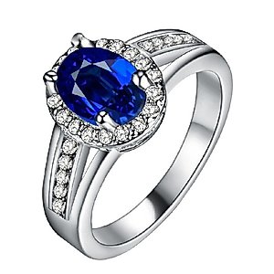 Uloveido Royal Luxury Oval Shaped Simulated Sapphire Engagement Ring Rhodium Plated Brass Navy Blue Solitaire Ring for Women (Size 6) PJ138-BLUE