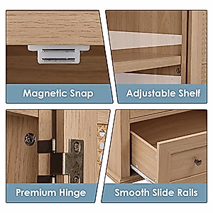 FOTOSOK Kitchen Pantry Storage Cabinet, Tall Cabinet with Rattan Doors and 2 Drawers, Freestanding Cupboard with Adjustable Shelves, Utility Pantry for Kitchen, Dining Room,Walnut