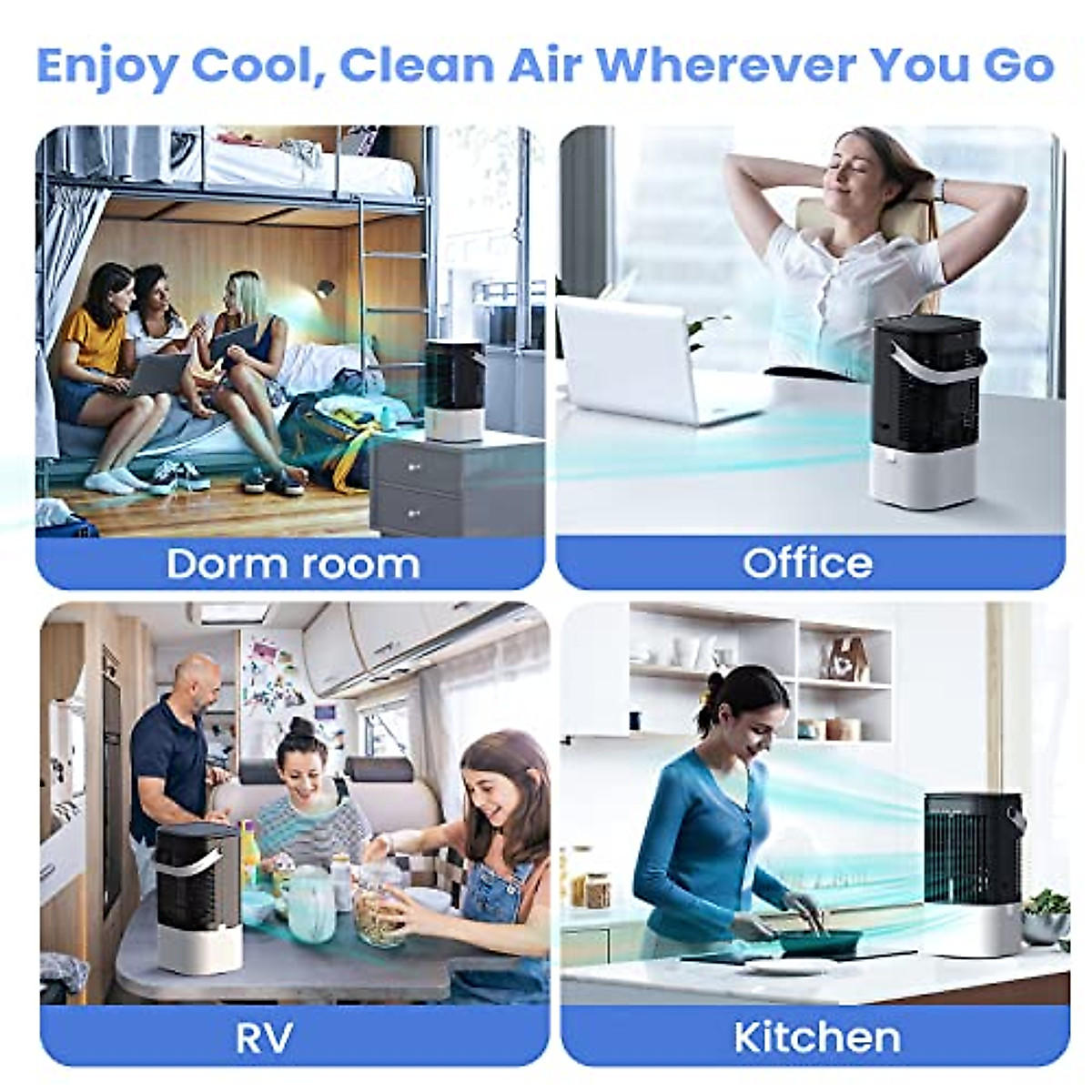 Portable Air Conditioners Fan - Mini AC & Air Cooler Fan with 2 Cool Mist & 3 Speeds, 7 Night Light & Timer - Personal Table Air Conditioners Fan with Humidifier for Office, RV, Camping, Dorm Room