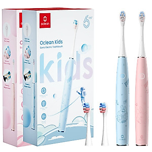 Oclean 2 Pack Kids Air 2 Electric Toothbrush with 4 Brush Heads, Ultra Quiet Rechargeable Toothbrush,2.5H Fast Charge for 40 Day Use,2 Min Built-in Timer, Gifts for Kids Age 6+ Teens Boys Girls-Blue
