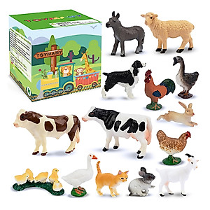 Toymany 14PCS 0.6-2.5" Tiny Farm Animal Figures Toy, Detailed Texture Farm Figurines Cake Topper, Easter Christmas Birthday Gift School Project for Kids Children Toddlers