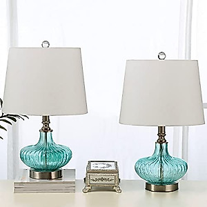 Maxax Glass Table Lamps Set of 2, Blue Bedside Desk Lamps with White Drum Shade for Living Room/Family/Bedroom/Nightstand