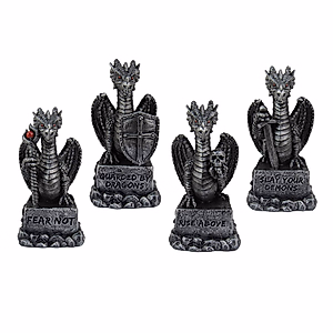DWK Pewter Dragons Motivational Gothic Decor Mini Figurines | 4 Piece Set Medieval Home Decor and Dragon Garden Decor | Medieval Mini Statues Gifts for Meditation - 5"