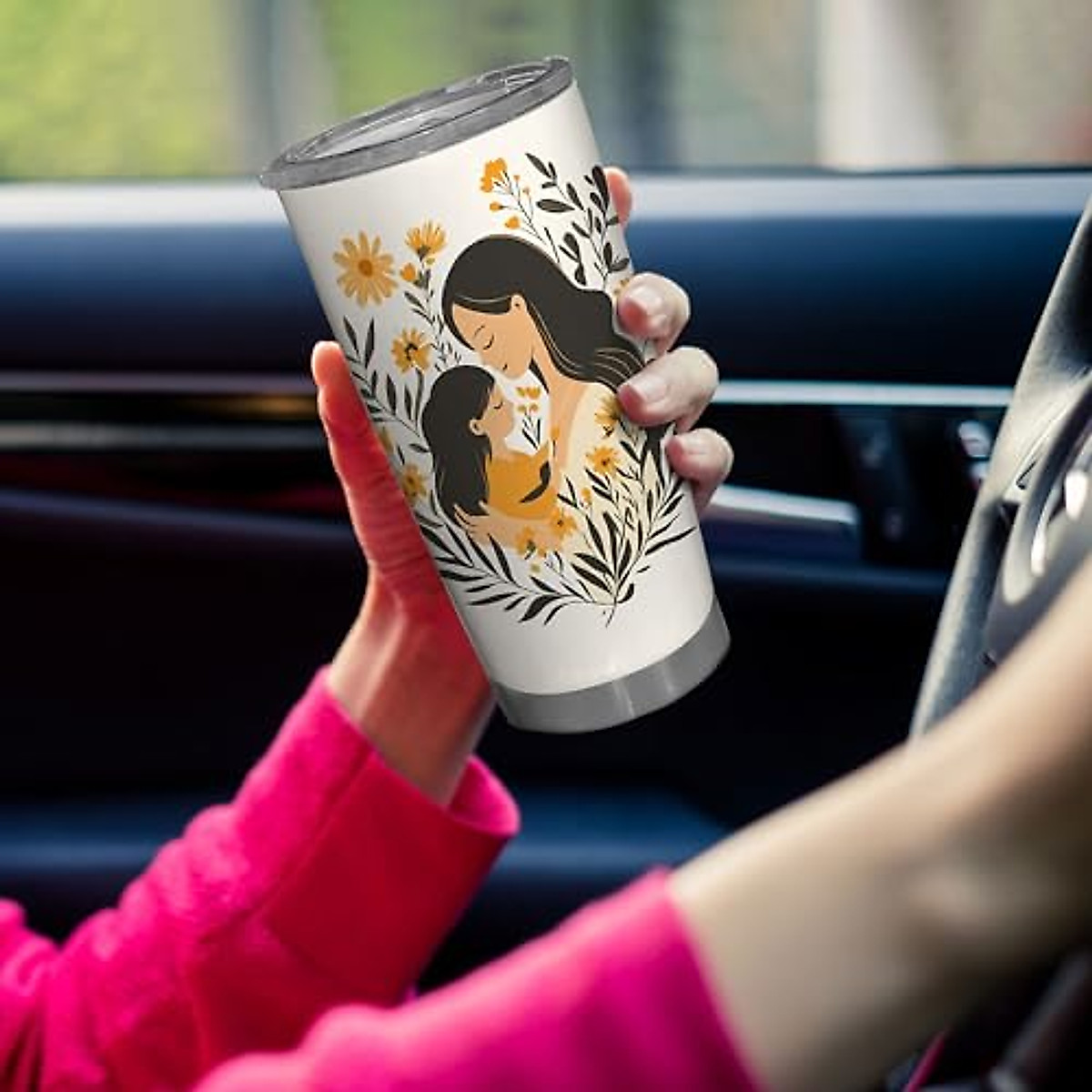 FOCIUZTA 20oz Adorable Floral Yellow Mother and Child Pattern Tumbler with lid, Travel Coffee Cup, Ideal for Easter, Mother Day, and birthday gifts
