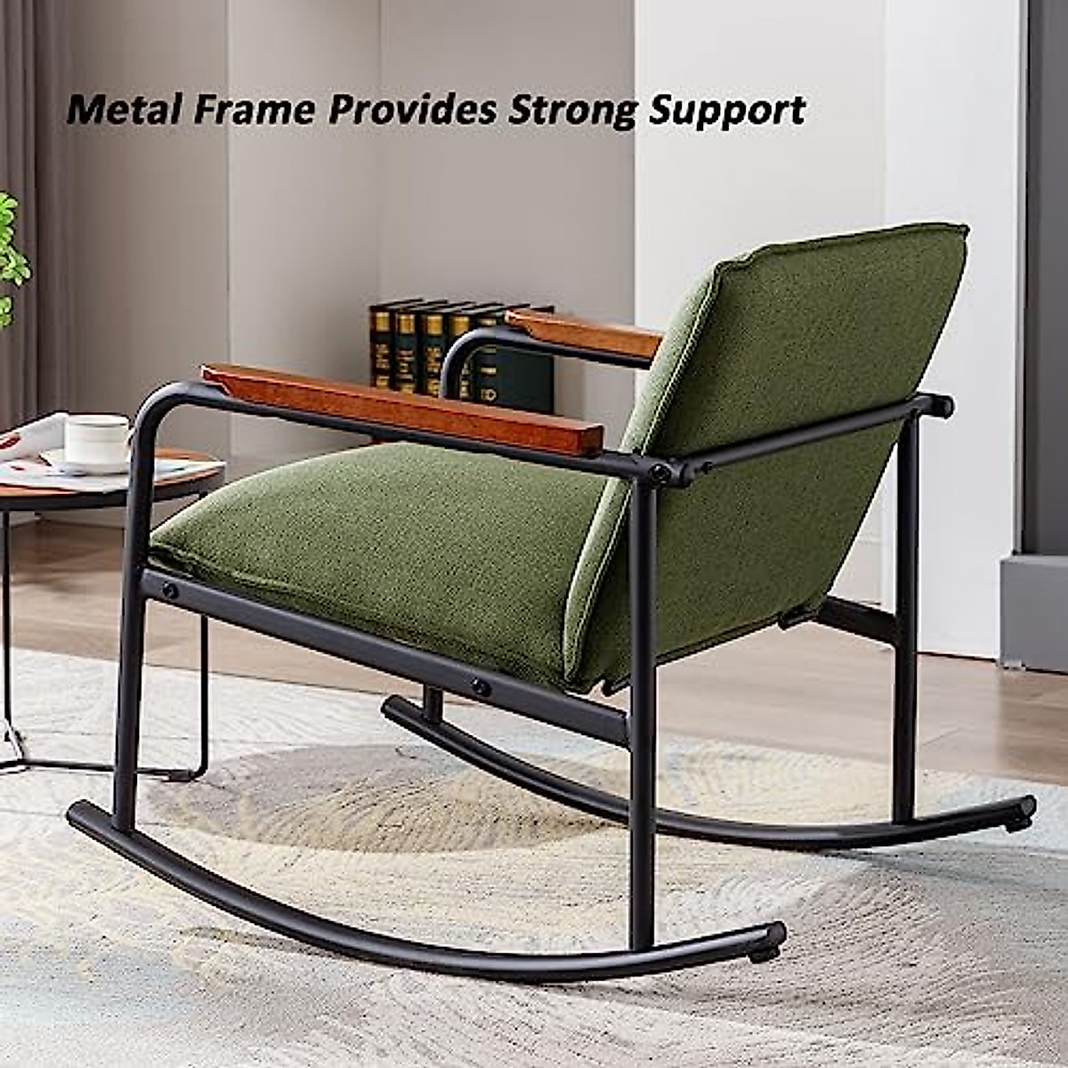 DUOMAY Modern Accent Rocking Chair Set of 2, Mid Century Upholstered Glider Rocker Armchair with Metal Base Linen Fabric Nursery Glider Chair with Wooden Grips for Living Room Bedroom, Green